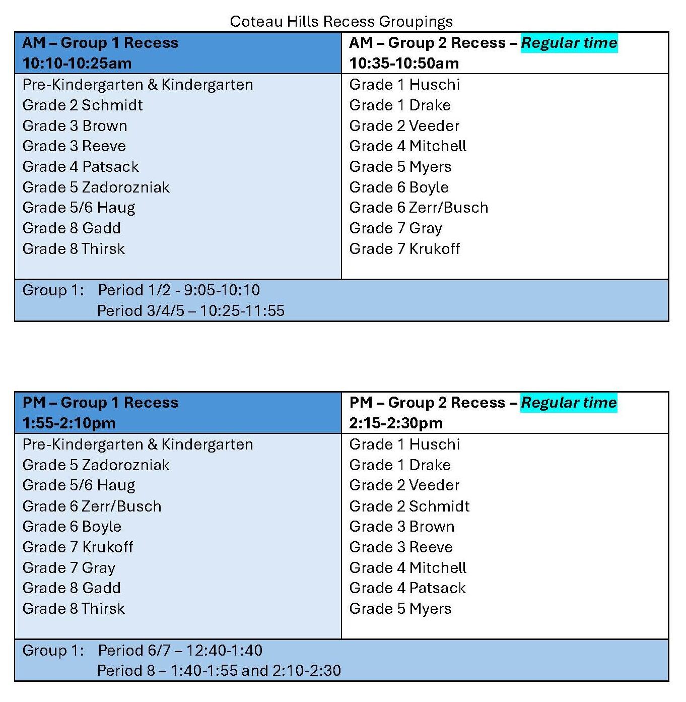 Bell Schedule – Coteau Hills Elementary School